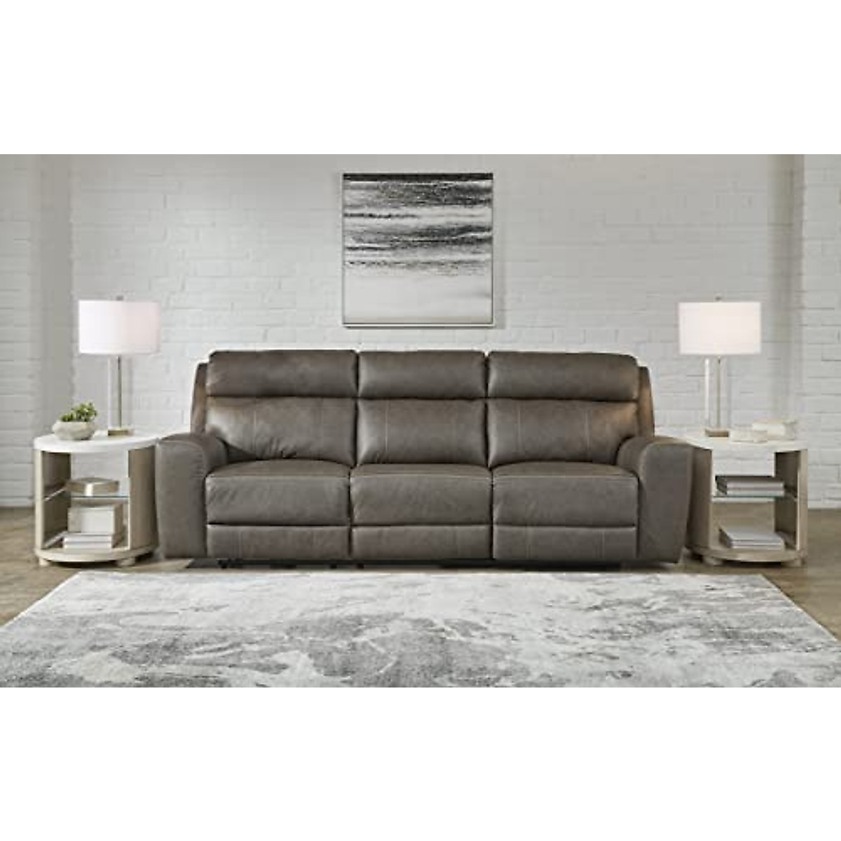 Signature Design by Ashley Roman Contemporary Tufted Leather Power Reclining Sofa with Adjustable Headrest, Gray