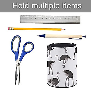 Cartoon Ostrich Bird Round PU Leather Pen Holder Desk Organizer Storage Container Pencil Container Brush Scissor Box