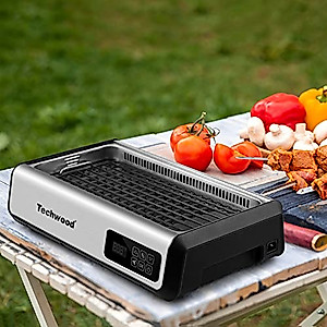 Indoor Smokeless Grill Techwood 1500W Electric Grill with Tempered Glass Lid & LED Smart Control Panel, 8-Level Control Korean BBQ Grill with Removable Grill Plate, Stainless Steel (Silver)