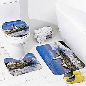3 Piece Bathroom Rugs Set,Set Lighthouse Beautiful City and Town Scenery Sea Wave,Bath Rugs with U Contour Toilet Mat and Rugs Bath Mats Set,Bath Rugs Runner for Bathroom, White-style-4, 15''x25''