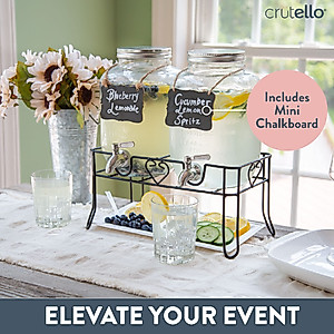 Crutello 2 Pack Glass Beverage Dispenser with Stainless Steel Spigots, 1 Gallon Drink Dispenser Metal Black Stand, Lemonade, Tea, Water, Laundry Detergent - A Family-Owned American Brand