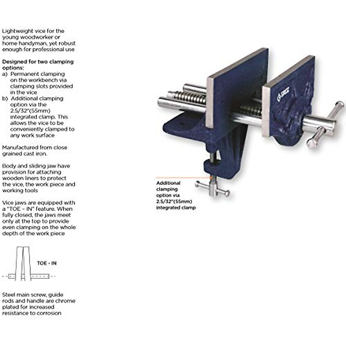 Groz Portable Woodworking Vise, 6-Inch, Clamp on or Bolt to Bench, Cast Iron with "Toe-in" Feature (39006)