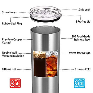 20 Oz Stainless Steel Skinny Tumbler, 6 Pack Double Wall Insulated Tumblers with Lids and Straws, Insulated Travel Water Tumbler Cup, Slim Vacuum Tumbler Travel Mug for Coffee Water Drinks, Silver
