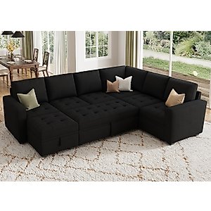 HONBAY Modular Sectional Sleeper Sofa with Pull Out Bed, Velvet Convertible L Shaped Sectional Couch with Storage Seat, Sectional Couches for Living Room, Balck