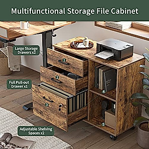 FEZIBO 3-Drawer Mobile File Cabinet, Lateral Filing Cabinet with Lock, Printer Stand with Open Storage Shelves for Home Office, Rustic Brown