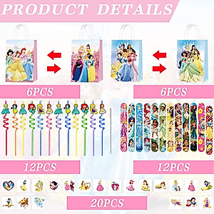 Princess Birthday Party Supplies, Princess Party Decorations Includes 12 PCS Slap Bracelets, 12 PCS Princess Paper Bags, 12 PCS Straws, 20 PCS Temporary Tattoo Stickers for Birthday Party