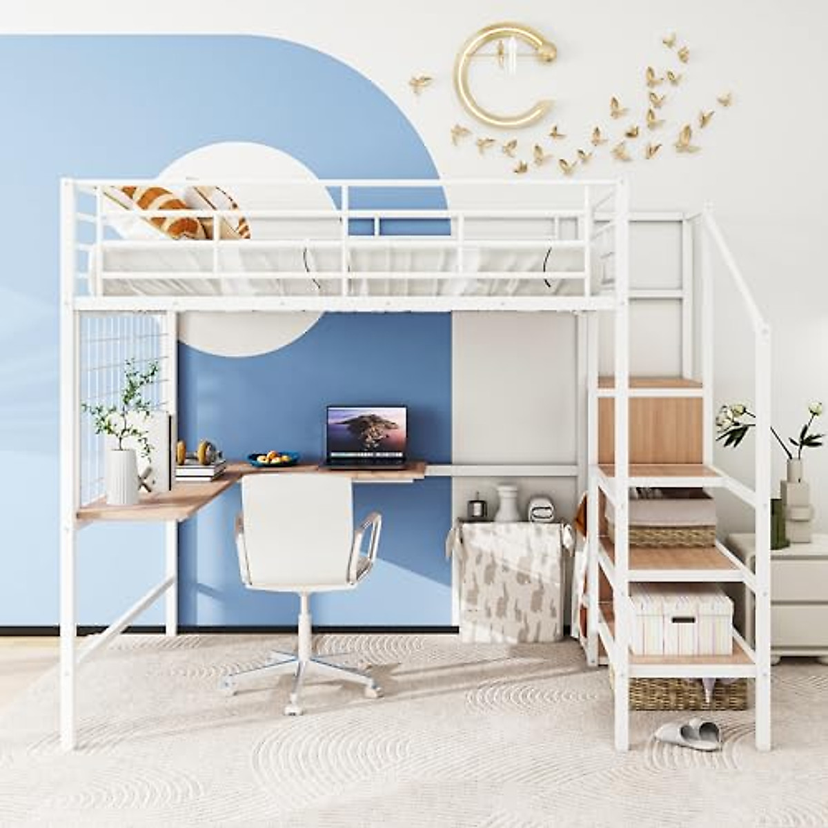 EMKK Full Size Metal Loft Bed with Desk and Metal Grid, Stylish Metal Frame Bed with Lateral Storage Ladder and Wardrobe,Loft Bed for Kids, Teens - Creative Haven for Study and Sleep