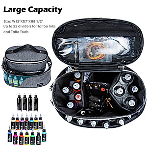 ELCUPA Tattoo Kit Organizer Case-Tattoo Ink Storage-Tattoo Supplies Carrying Bag Portable-Holds 30 Bottles-Tattoo Kits Bag, Grey, BAG ONLY, Patent Pending