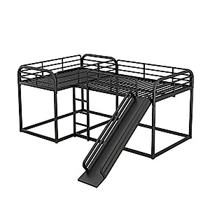 RORIGAT Quad Bunk Bed with Slide, L Shaped Bunk Bed for 4, Heavy-Duty Metal Floor Bunk Bed Frame Full and Twin Size for Kids Teens Girls Boys,Black