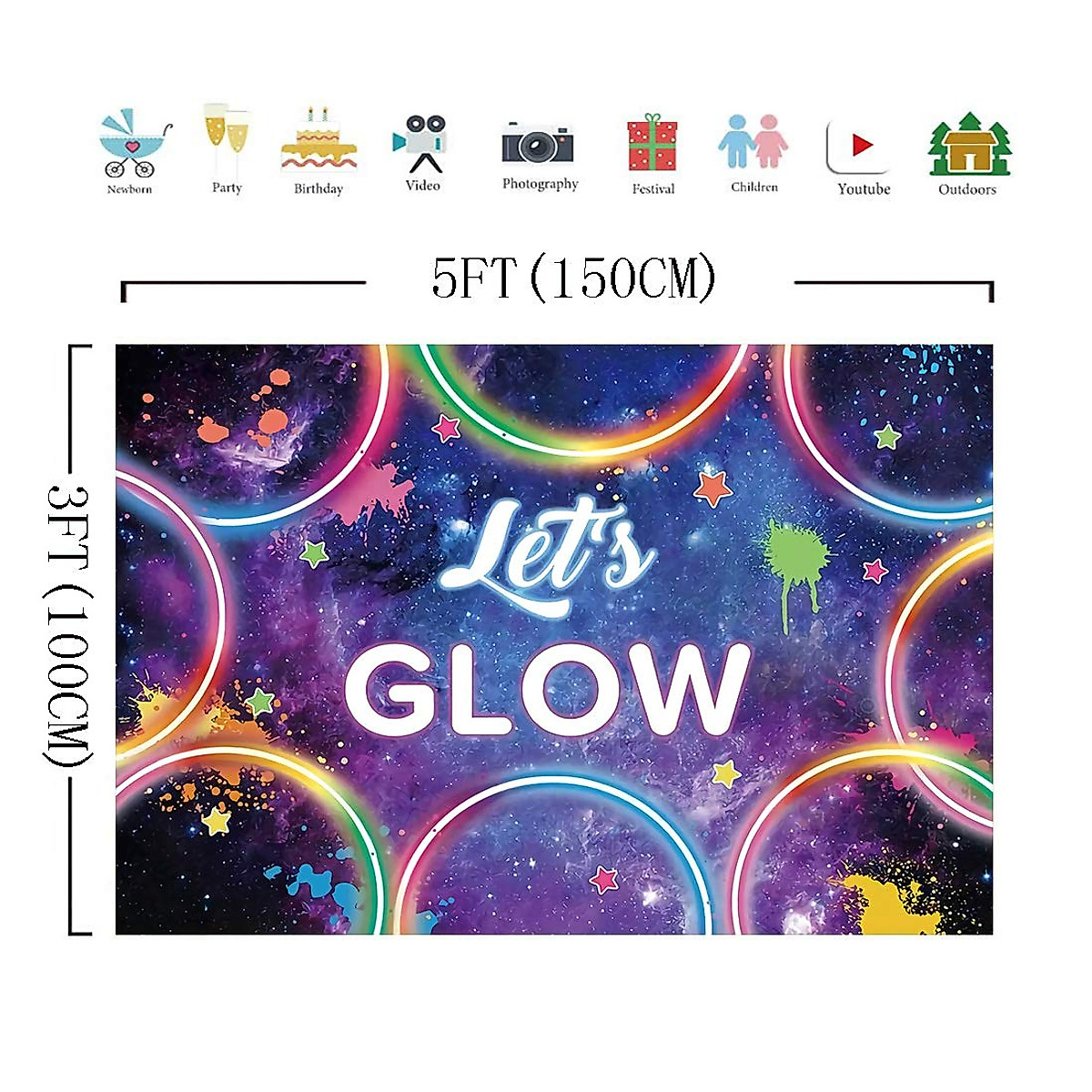 DULUDA 5X3FT Glow Neon Party Backdrop Colorful Laser Ray Splatter Photography Background Graffiti Spray Paint Disco Retro Dance in The Dark Night Birthday Banner Decorations Photo Booth Props BD44F