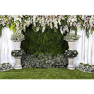 Laeacco Arch Wedding Flowers Backdrop 10x8ft Vinyl Photography Background Stone Planter Flowers White Curtain Green Ivy Wall Decoration Outdoos Ceremony Green Grassfield Backdrop