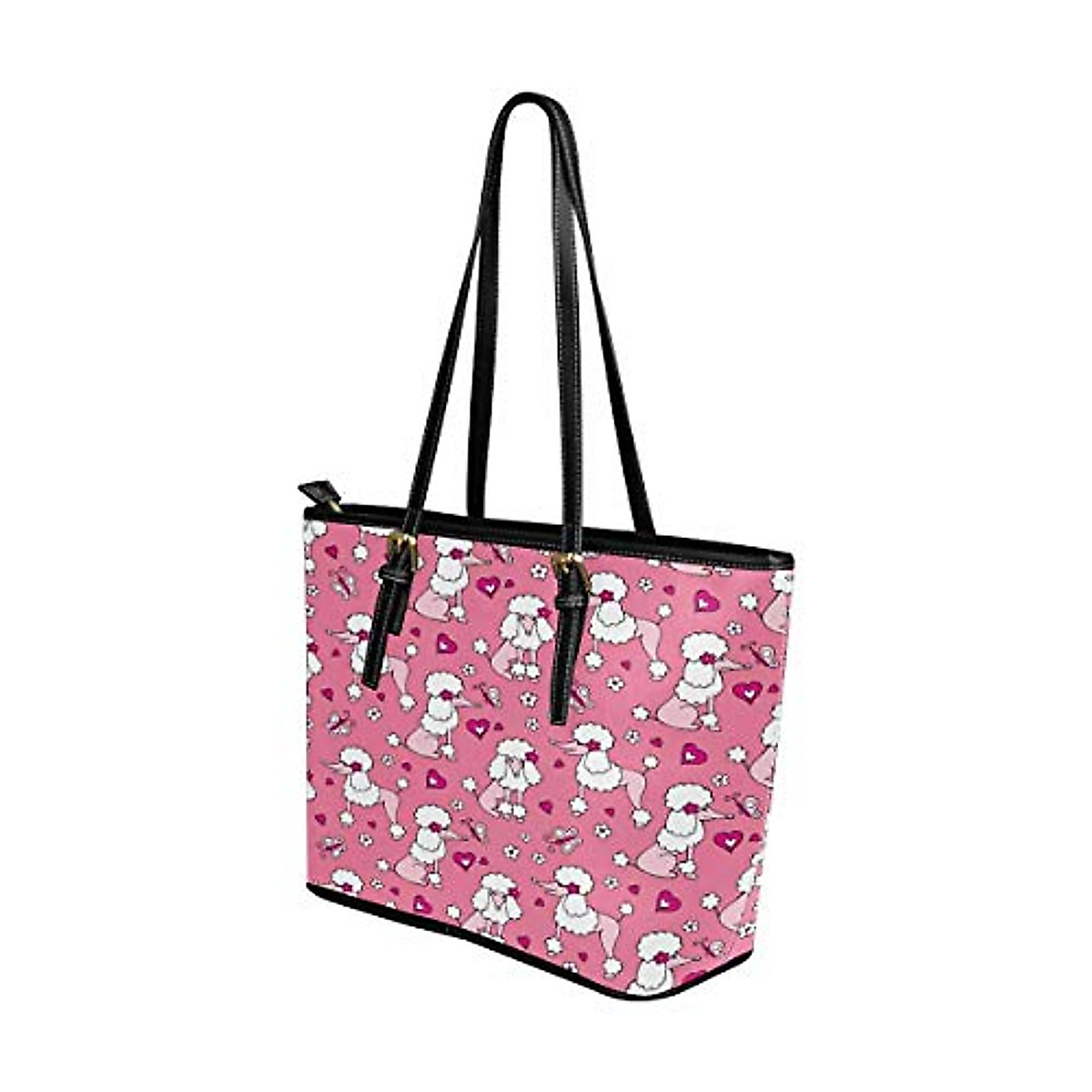 InterestPrint Women Totes Top Handle HandBags PU Leather Purse Pattern Dog Poodle Gray Pink