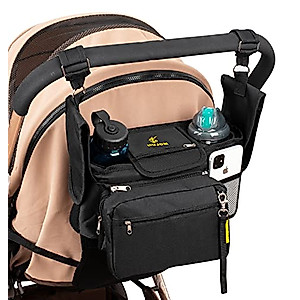 HUJOM Universal Stroller Organizer with Insulated Cup Holders, Shoulder Strap, Phone Bag and Wipes Pocket. Caddy Fits Uppababy, Baby Jogger, Britax, BOB. Must have Stroller Accessories.