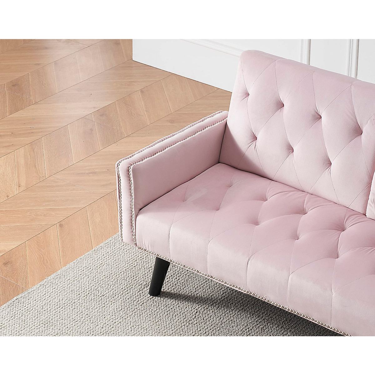 Modern Velvet Tufted Upholstered Futon Sofabed Living Room Loveseat Convertible Sleeper Couch Bed with Nailhead Decor and Drop-Down Cupholdes for Home Office Apartment