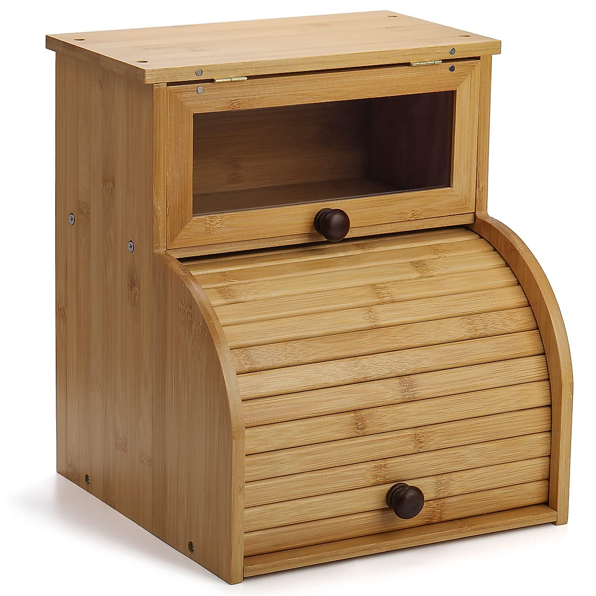 Jucoan Bamboo Bread Box, 2 Layer Large Natural Wooden Bread Storage Box with Window, Roll Top for Kitchen Countertop, Farmhouse Bread Holder Bin Container for Home to Keep Bread Fresh