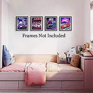 Tokyo Street Racing Wall Art Prints, Japanese Wall Art Modern Urban Neon Posters, Tokyo Skyline Mount Fuji Car Canvas Art Painting for Living Room Boys Room Wall Decor, Set of 6 - (8"x10" Unframed)