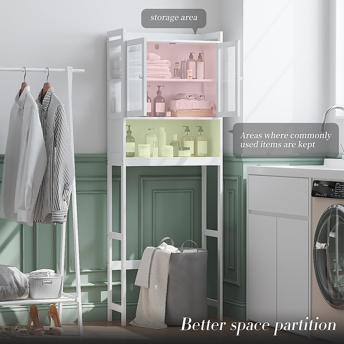 Kitsanery Over The Toilet Storage Cabinet,3-Tier Freestanding Bamboo Bathroom Organizer with Shelves and Acrylic Door, Space-Saving,White