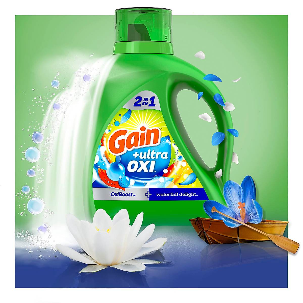 Gain Ultra Oxi Liquid Laundry Detergent, 128 loads, 184 fl oz, Waterfall Delight Scent, 2-in-1, HE Compatible