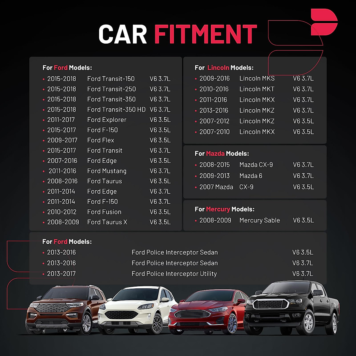 BDFHYK Ignition Coils Pack Compatible with Explorer Edge F150 Flex Fusion Mustang Taurus X Lincoln MKS MKT MKX MKZ Mazda 6 CX-9 Sable V6 3.5L 3.7L Coil for UF553 UF595 C1595 7T4Z12029E Set of 6