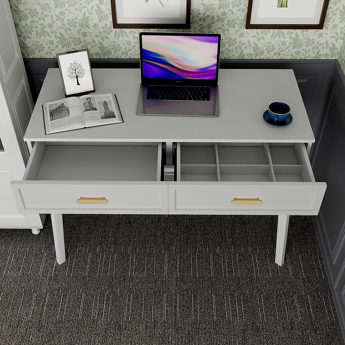 White Home Office Desk with Drawers Storage, Computer Writing Desk with Polished Gold Handle
