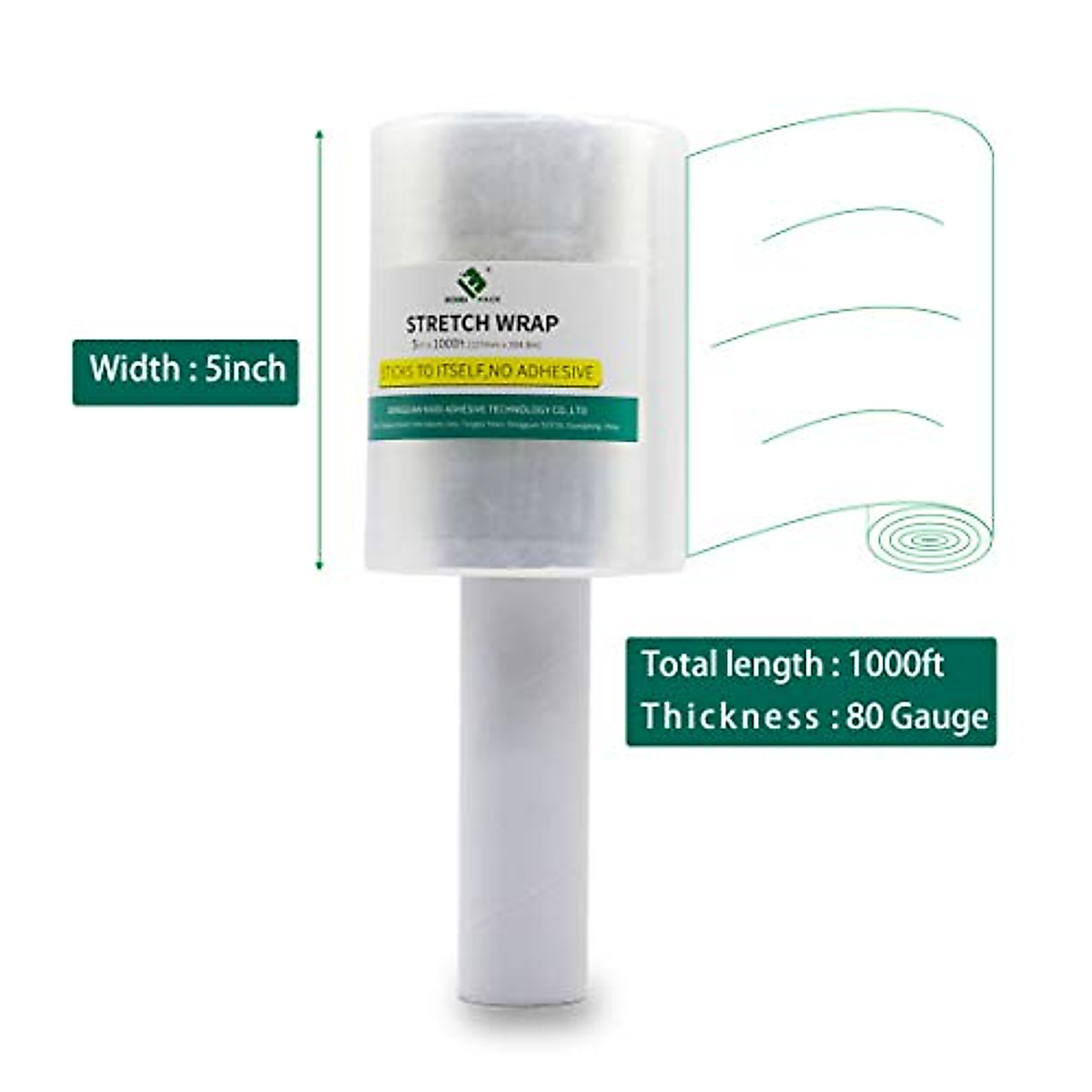 4 Pack Industrial Mini Clear Stretch Wrap with Handle 5" 1000ft 80 Gauge for Pallet Wrap, Durable Self-Adhering Plastic Wrap for Packing, Moving, Heavy Duty, BOMEI PACK