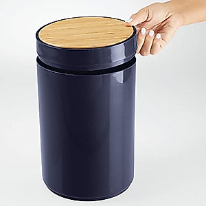 mDesign Plastic Round Trash Can Small Wastebasket, Garbage Bin Container with Swing-Close Lid, Kitchen, Bathroom, Home Office, Bedroom Basket; Holds Waste, Recycling,1.3 Gallon -Navy Blue/Natural