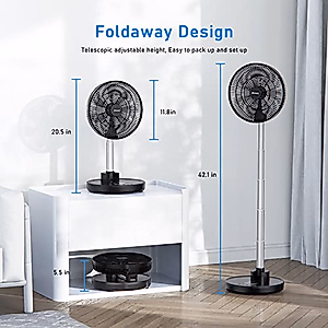 Aluan 12" Quiet Oscillating Fan with 12000mAh Rechargeable Battery, Foldaway Standing Fan/Table Fan with Remote Control, 6 Speeds Portable Pedestal Fan with Adjustable Height for Home Bedroom Travel