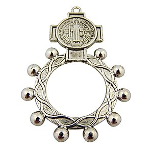 Silver Tone Saint Benedict Medal One Decade Rosary Ring, One Size