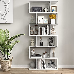 Tangkula 6 Shelf Bookcase, Modern S-Shaped Z-Shelf Style Bookshelf, Multifunctional Wooden Storage Display Stand Shelf for Living Room, Home Office, Bedroom, Bookcase Storage Shelf (1, White)