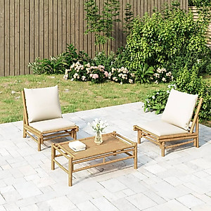 vidaXL Bamboo Patio Lounge Set - 3 Piece Outdoor Furniture with Cream White Cushions - Includes Comfortable Garden Sofa Chairs and Practical Coffee Table for Relaxation