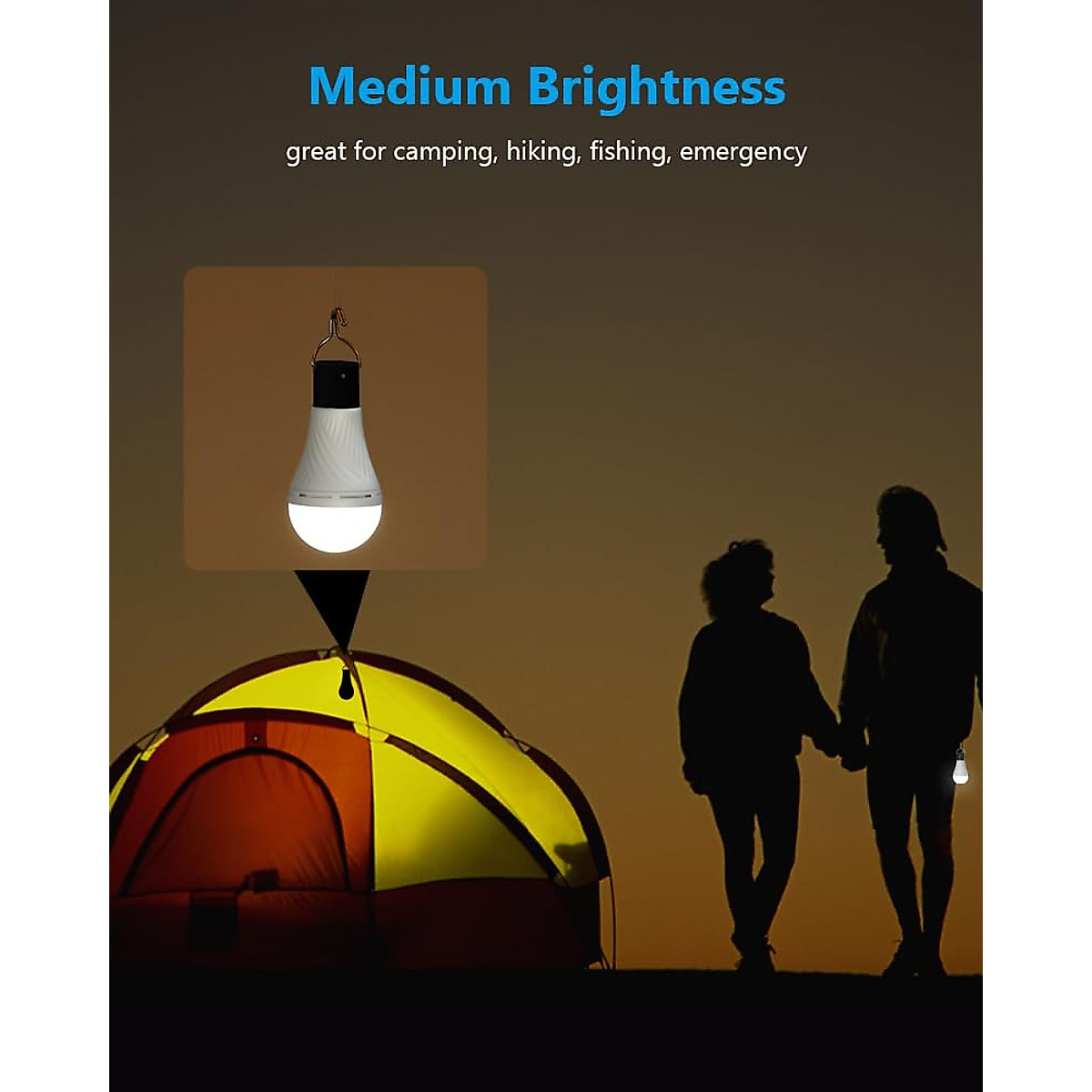 USB Rechargeable Light Bulb Auto On Off Light Bulbs, 4 Light Modes, 1500mAh Rechargeable LED Camping Lights for Camping, Hiking, Emergency, Backpacking, Fishing, 2 Packs