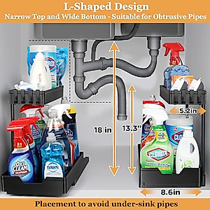 Under Sink Organizer 2 Tier, IVMAIE 2 Pack Under Sink Storage with 8 Hooks, L-Shaped Sliding Under Cabinet Shelf with Stopper, Small Plastic Undersink Organizers for Kitchen Bathroom, Black