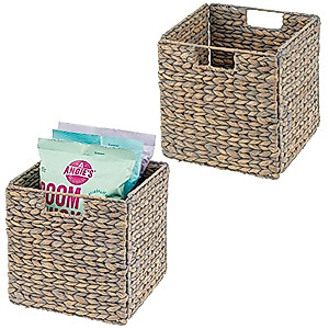 mDesign Natural Woven Hyacinth Cube Storage Bin Basket Organizer with Handles for Kitchen Pantry, Cabinet, Cupboard, Shelf/Cubby Organization, Hold Food, Drinks, Snacks, Appliances, 2 Pack, Gray Wash