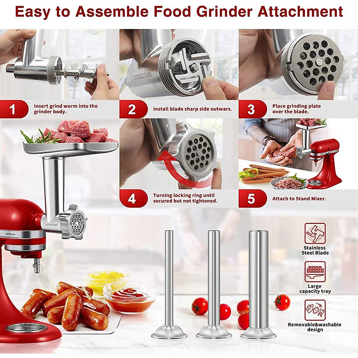 Metal Food Grinder Attachment for KitchenAid Stand Mixers, AMZCHEF Meat Grinder Attachments Included 3 Sausage Stuffer Tubes & A Holder,4 Grinding Plates,2 Grinding Blades, Burger Press,Cleaning Brush