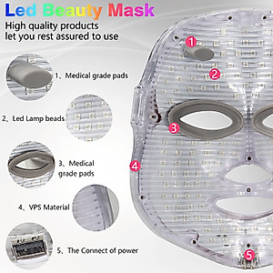 Spardar Led Face Mask Light Therapy, 7 Led Light Therapy Facial Skin Care Mask for Mask Therapy Facial - Anti-aging - Wrinkle Reduction - Skin Tightening and Spot Control Skin Care Beauty Mask