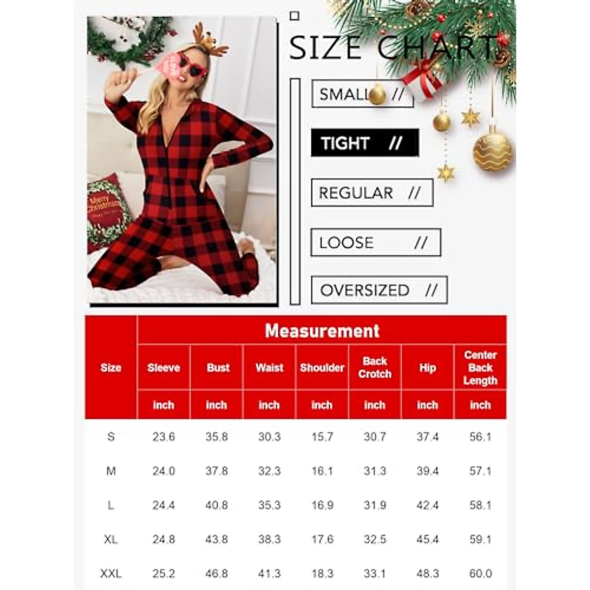 Ekouaer Christmas Onesie Women Hooded Jumpsuit Long Sleeve Zip Up One Piece Pajamas Novelty Sleepwear Buffalo Plaid M