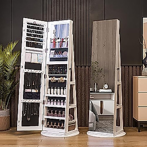 HNEBC LED Light Jewelry Storage Organizer, Armoire with Door Mirror 360° Rotating, Full Length Cabinet, ,Large Jewelry Boxes & Organizers（A White）