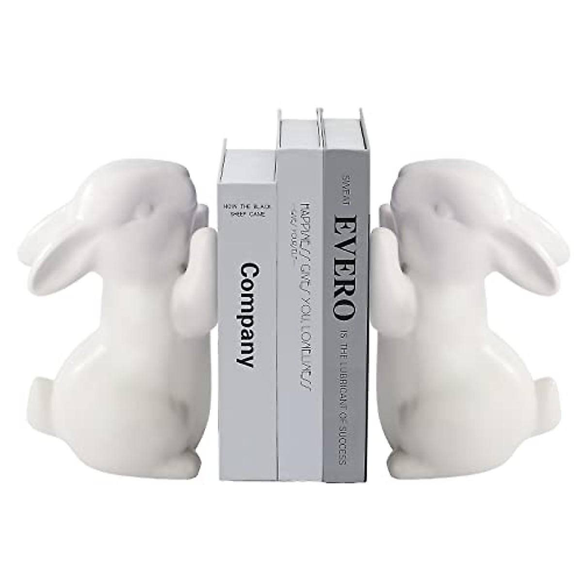 BestAlice 2 Pcs Rabbit Bookends, Bunny Book Ends for Shelves, Ceramic Animal Figurine Book Ends Stands Shelves Organizer, Heavy Duty Bookends to Hold Books, White Rabbit Home Decor