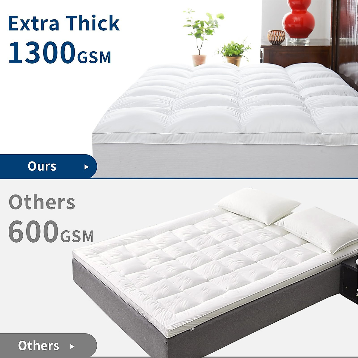 Mr.Ye Mattress Pad Queen Size Extra Thick Mattress Topper Soft Cotton Mattress Protector Mattress Cover with 8-21" Deep Pocket, White, 60x80 Inches