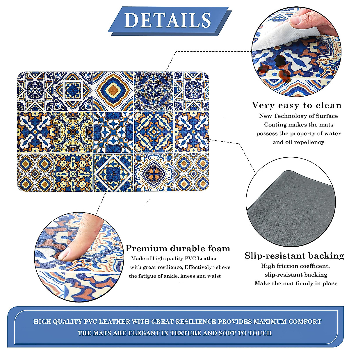 Lidimei Anti Fatigue Mats for Kitchen Floor, Kitchen Mats Cushioned Anti Fatigue 2 Piece Set 17"x47"+17×28", Non Skid Waterproof Kitchen Mats for Floor, Blue Bohemia Kitchen Rugs