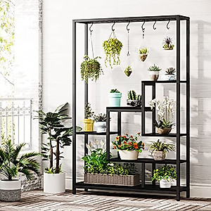 Tribesigns 5-Tier Tall Indoor Plant Stand, 70.9 inches Large Metal Plant Shelf with 6PC S Hanging Hooks, Multi-Purpose Flower Bonsai Pots Display Rack for Indoor, Garden, Balcony, Living Room, Black