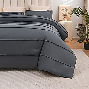 Holawakaka Grey Pleated Comforter Set with Sheets, Full/Queen Size Textured Striped Bedding Sets, Ruched Bed in A Bag 5pcs, Dark Grey
