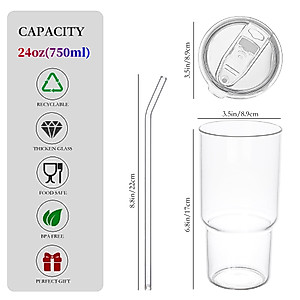 Dingerjar Glass Tumbler with Lid and Straw, Borosilicate Glass Iced Coffee Cup Smoothie Cups 24 oz/750ml for Hot or Cold Drinks