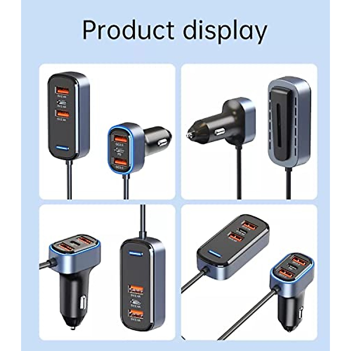 Impulsiqs 6 Port USB C Car Charger Adapter – 75W Car USB Charger Multi Port 5 ft Backseat Extension - 12v Cigarette Lighter USB Charger Plug - Super Fast Type C PD3.0 QC3.0 Compatible with iPhone
