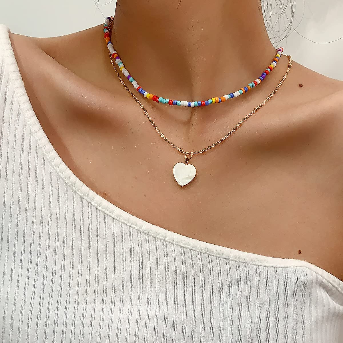 CLASSYZINT Women Bohemian Colorful Beaded Necklace Layered Choker Necklace Handmade Vsco Seed Bead Choker Summer Necklace Beach Jewelry For Women