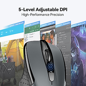 TECKNET Wireless Mouse, 2.4G Ergonomic Optical Mouse with USB Nano Receiver for Laptop, PC, Computer, Chromebook, Notebook, 6 Buttons, 24 Months Battery Life, 2600 DPI, 5 Adjustment Levels