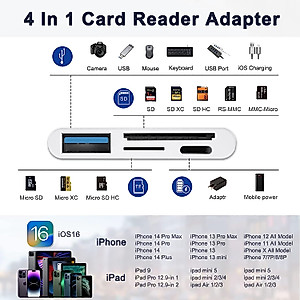 SD Card Reader Adapter for iPhone, Lightning to Camera Memory Card Reader, 4 in 1 iPhone Card Reader USB Camera Adapter, Lightning USB OTG Adapter TF Card Reader for iPhone 14/13/12/11/X/8/7/iPad