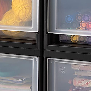 IRIS USA 6 Quart Compact Stacking Storage Drawer, Plastic Drawer Organizer with Clear Doors for Undersink, Kitchen, Pantry, Desk, and Home De-Clutter, Store Shoes and Craft Supplies, 4-Pack, Black