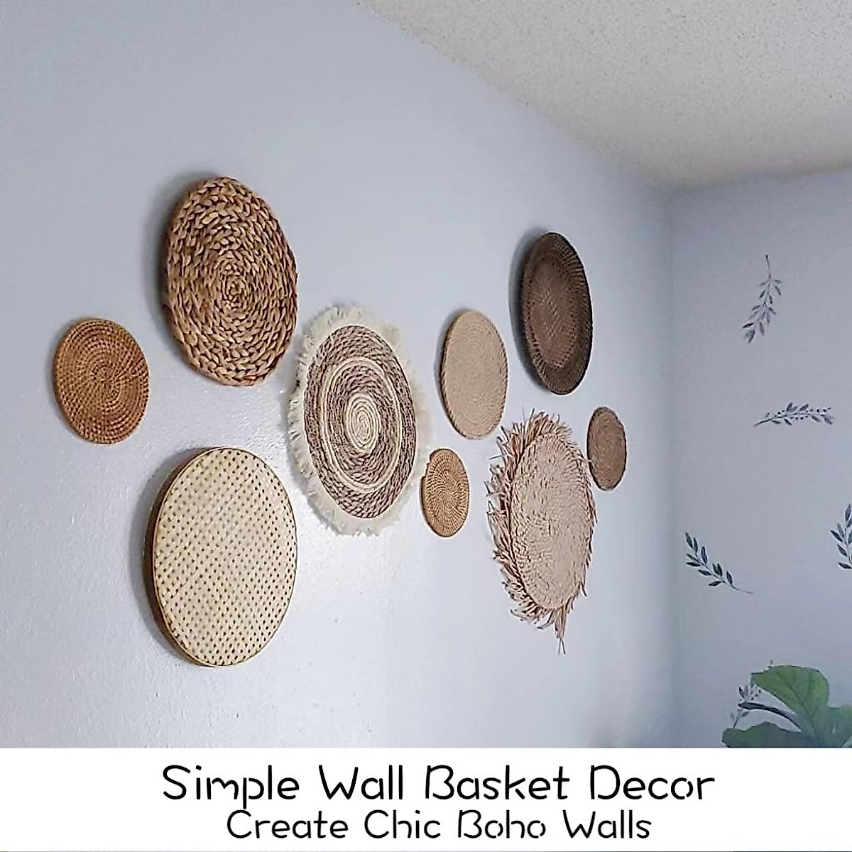 ALYBSOO Boho Wall Basket Decor set of 7, Woven Seagrass Wicker Rattan Flat Baskets Wall Hanging Decor, Handmade African Round Wall Baskets Decor, for Living Rooms, Bedrooms