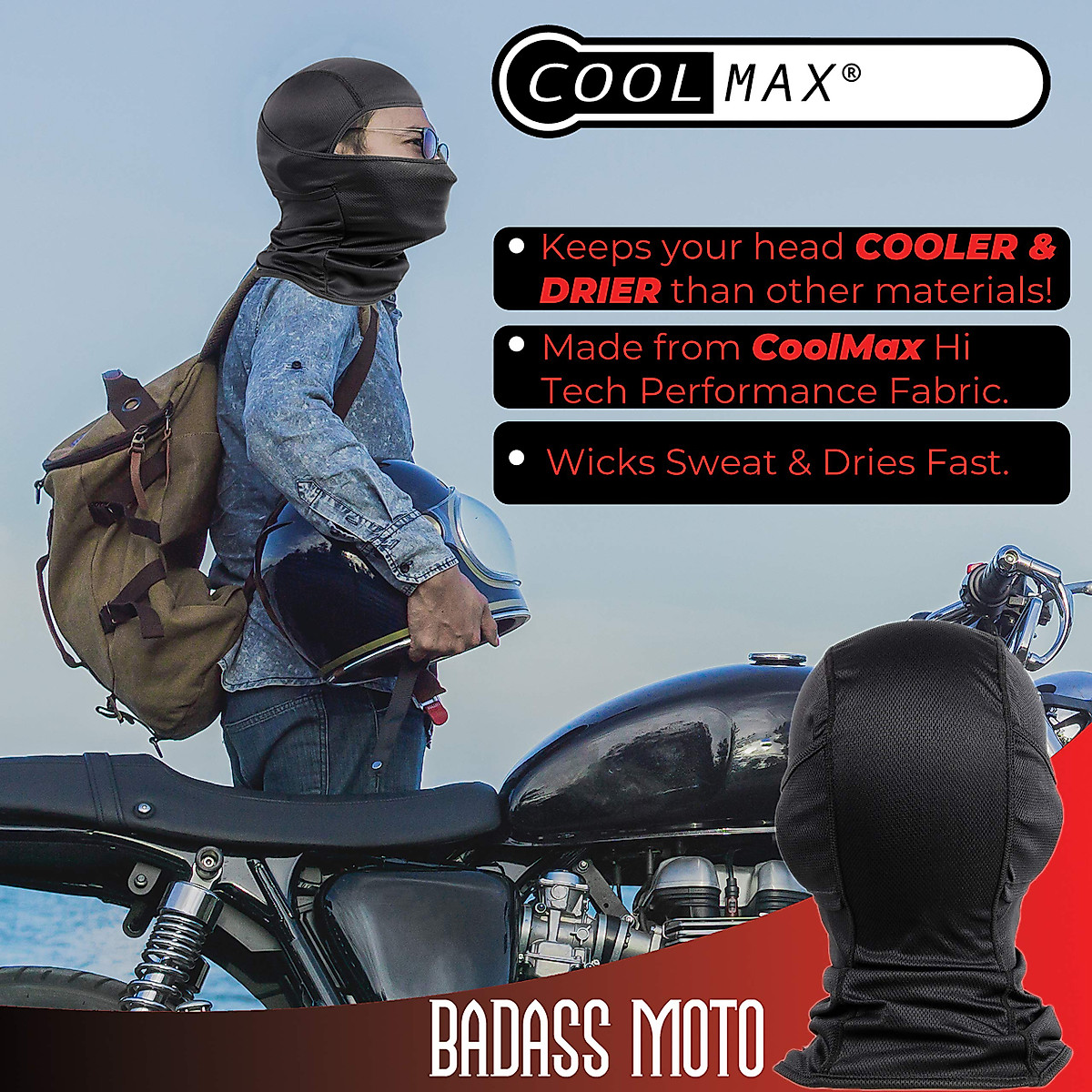 Badass Moto Motorcycle Balaclava Face Mask Men, Black Ski Mask for Men, Motorcycle Mask, Neck Gaiter, Full Face Mask Protects from Dust, Sun, Wind, Breathable Motorcycle Riding Gear Fits Under Helmet
